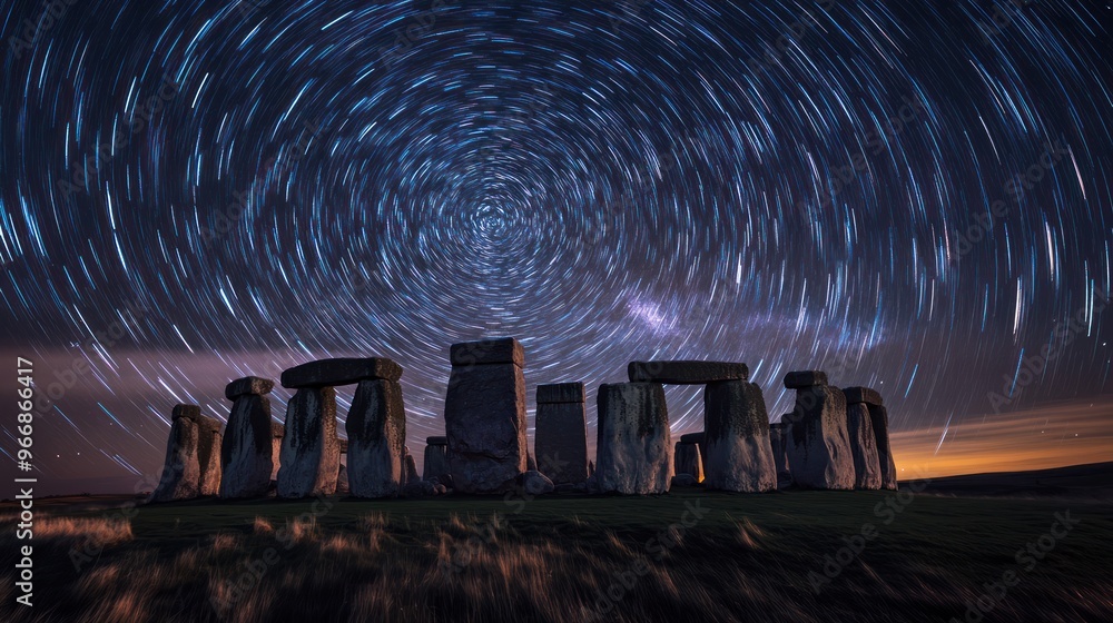 Dynamic time-lapse image of Stonehenge under a starry night sky, as ...
