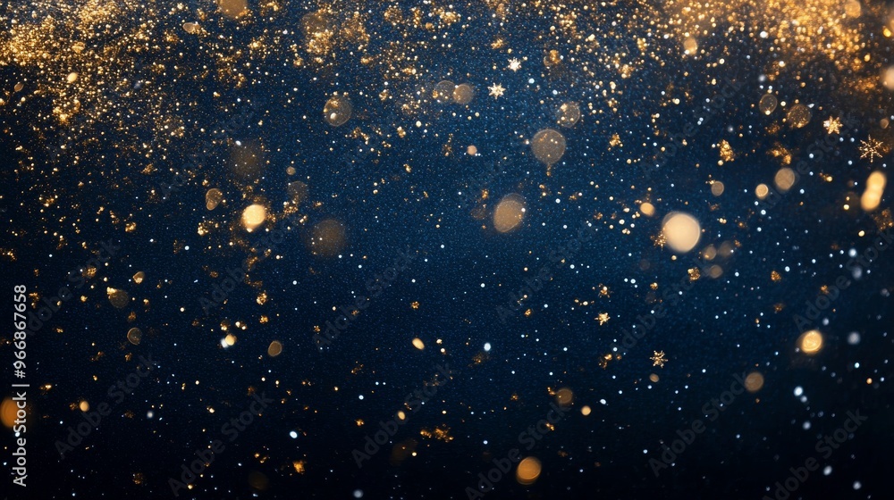 The artwork features a deep navy blue backdrop filled with glimmering ...