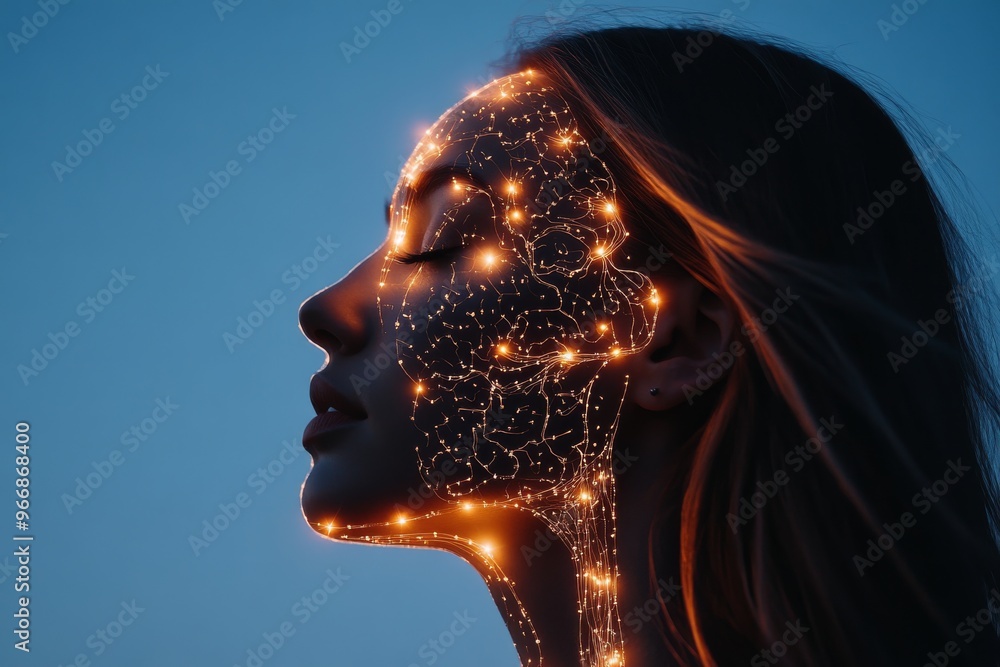 Glial cells psychophysics and cortical neurons womans face glowing with ...