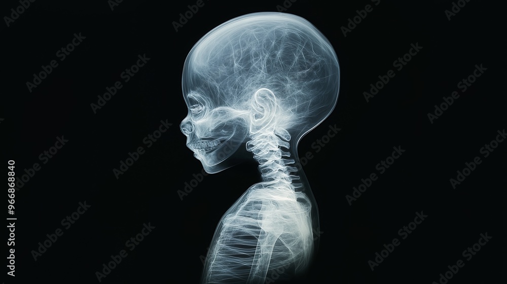 A detailed X-ray of a fetus at 7 months in the womb, showing the more ...