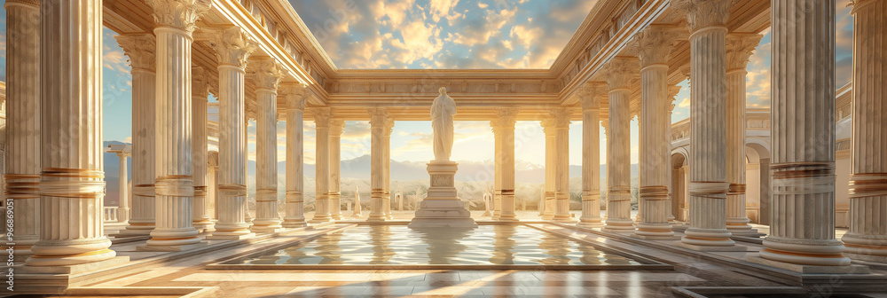 Statues, the grandeur of ancient Greek architecture, columns and arches ...