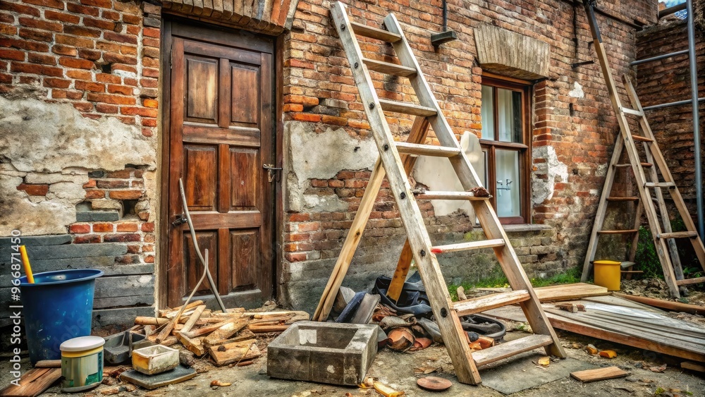 Weathered wooden ladder propped against worn brick facade, surrounded ...