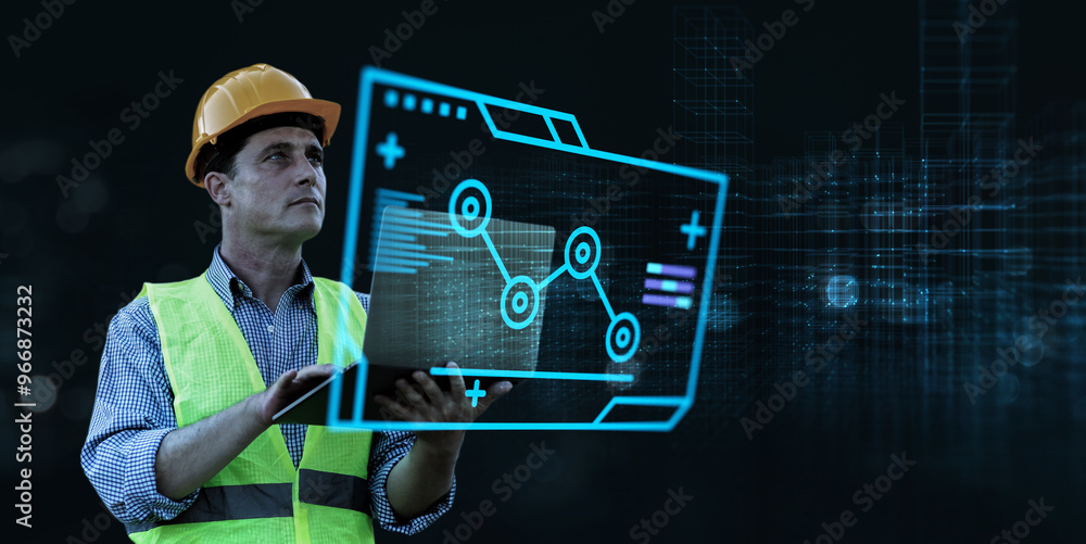 Engineer using computer laptop planning analyzing strategy using ...