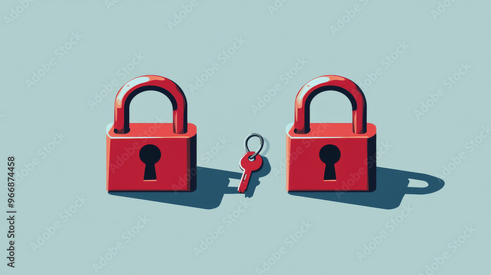 Two red padlocks, one locked and one unlocked, with a key. They are ...
