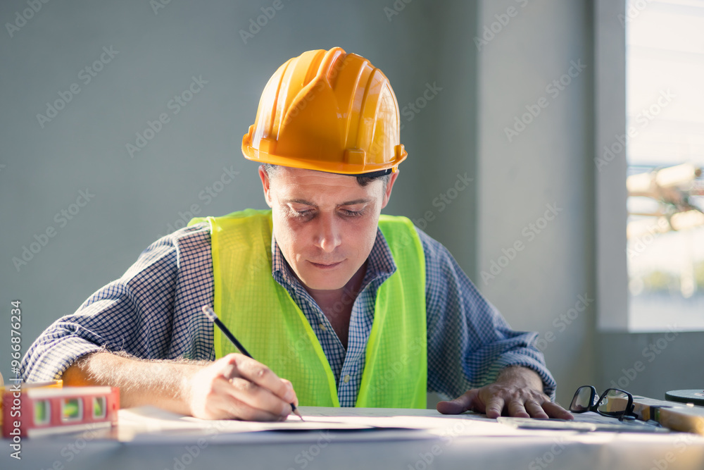 Caucasian Male architect engineer construction worker working on ...