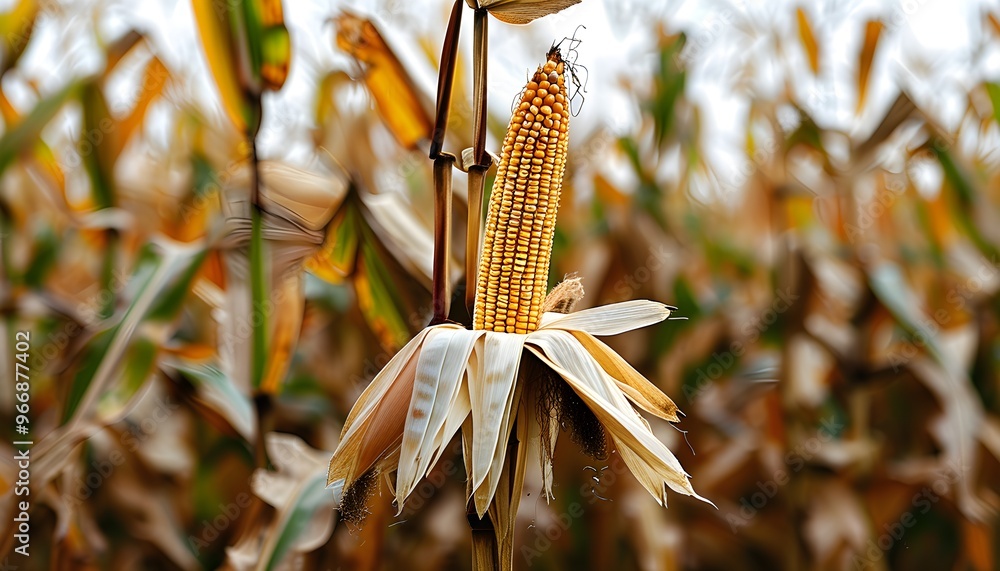 Vibrant ear of corn on white background with peeled kernels and falling ...