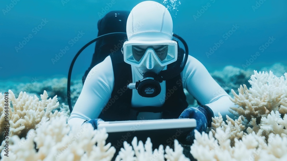Marine biologist conducting field research to investigate the signs of ...