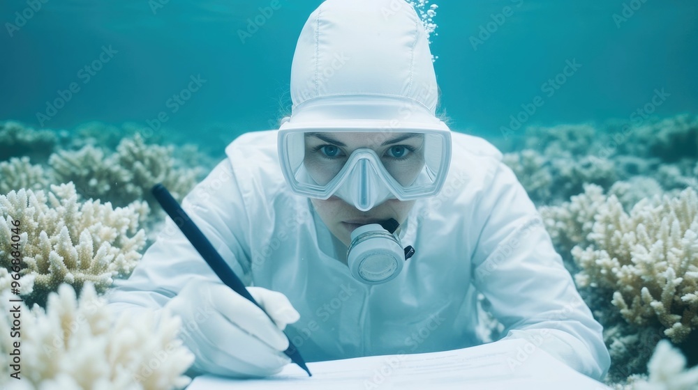 Marine biologist investigating signs of coral bleaching and other ...