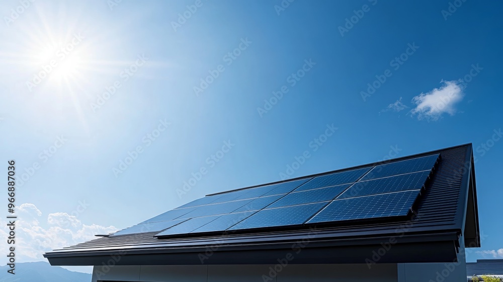 A residential house features solar panels installed on its roof ...