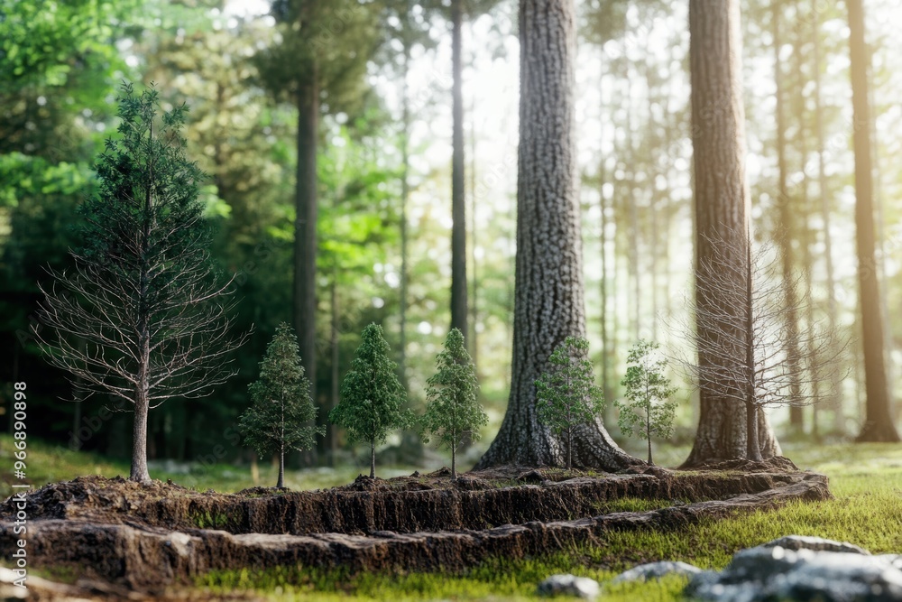 A detailed visualization of the forest growth cycle, depicting trees in ...