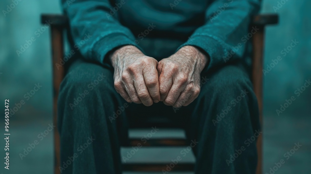 Hands gripping the armrests of a chair tightly with white knuckles and ...