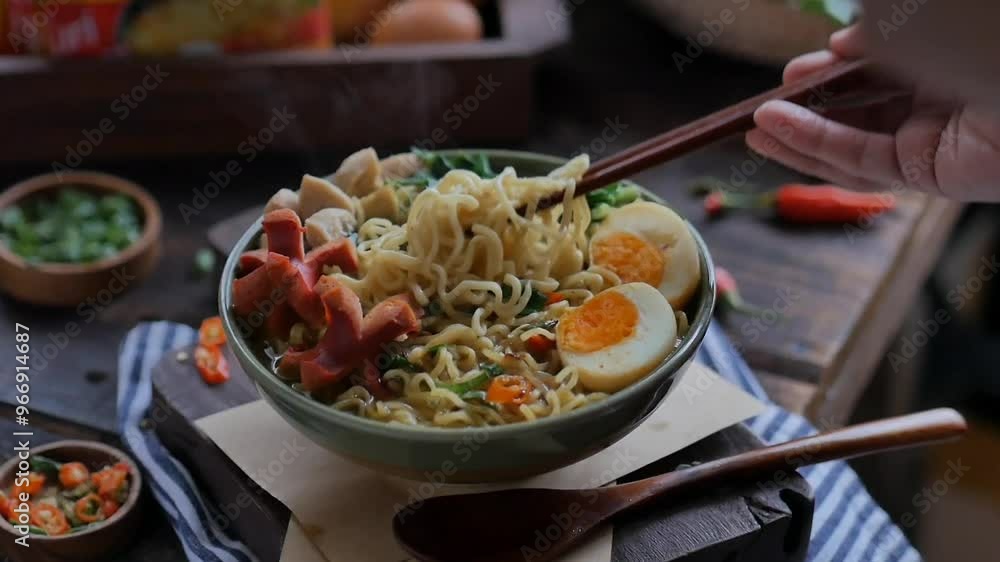 Mie rebus or instant noodle soup topped with capcaisim, meatballs ...