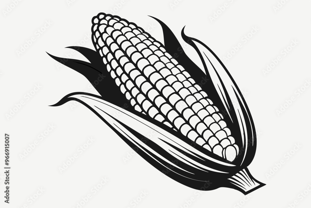 A clean, minimalist of a corn cob with its husks partially peeled back ...