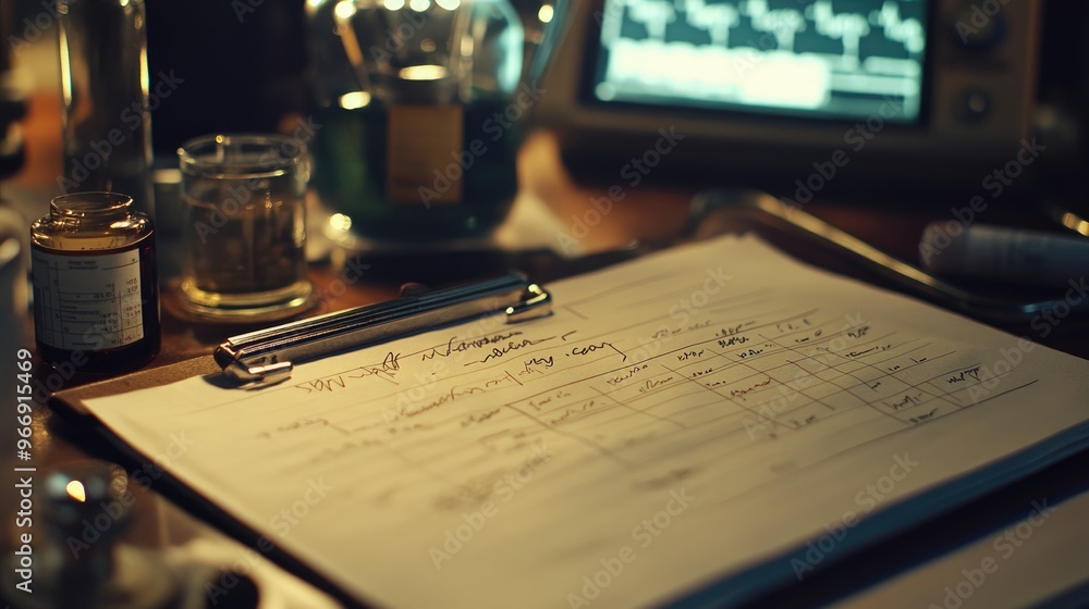 A close-up of a medical chart with handwritten notes and test results ...