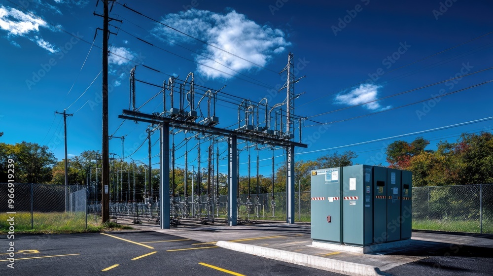 A high-voltage transformer substation with multiple insulators, wires ...