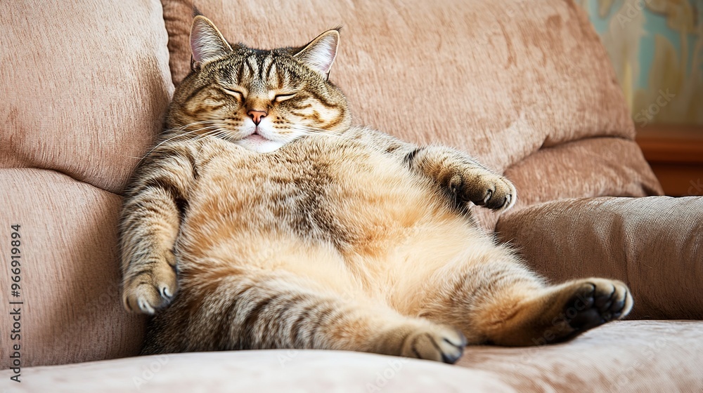 A funny, fat cat lying horizontally on a sofa, looking very happy. The ...