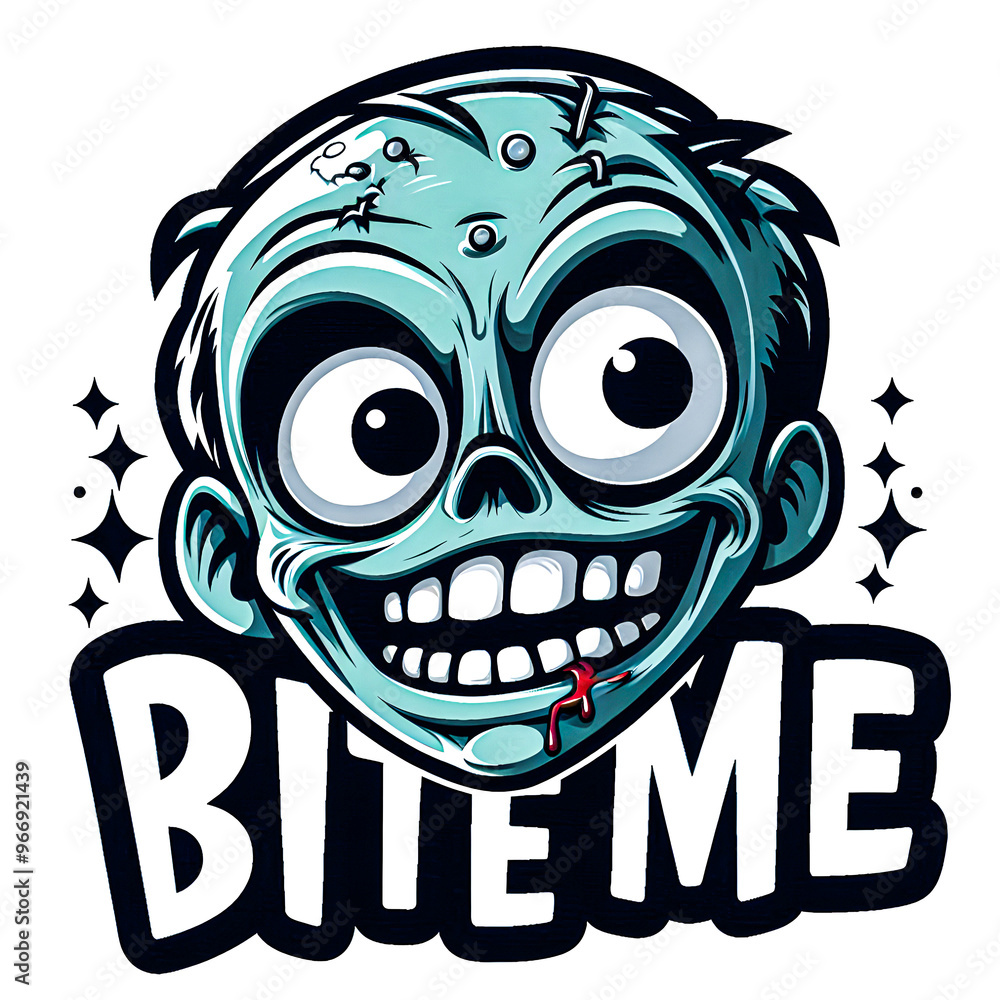 A cheeky zombie with its mouth open and the phrase “Bite Me” in bold ...