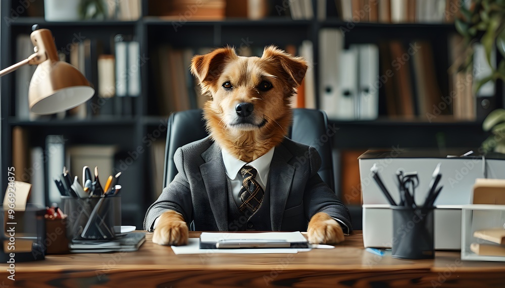 Business-savvy dog diligently working at a desk in professional attire ...