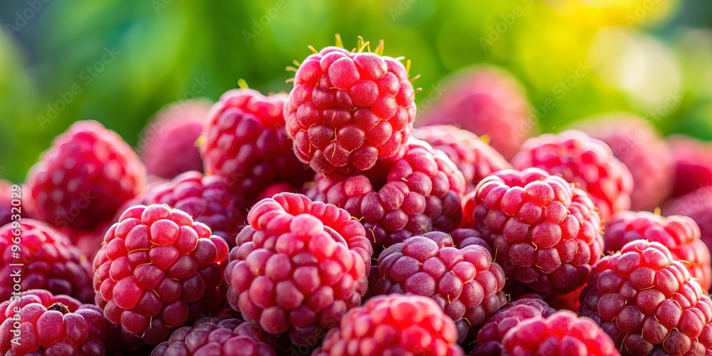 Raspberries ripened to perfection sit atop a soft focus backdrop, their ...