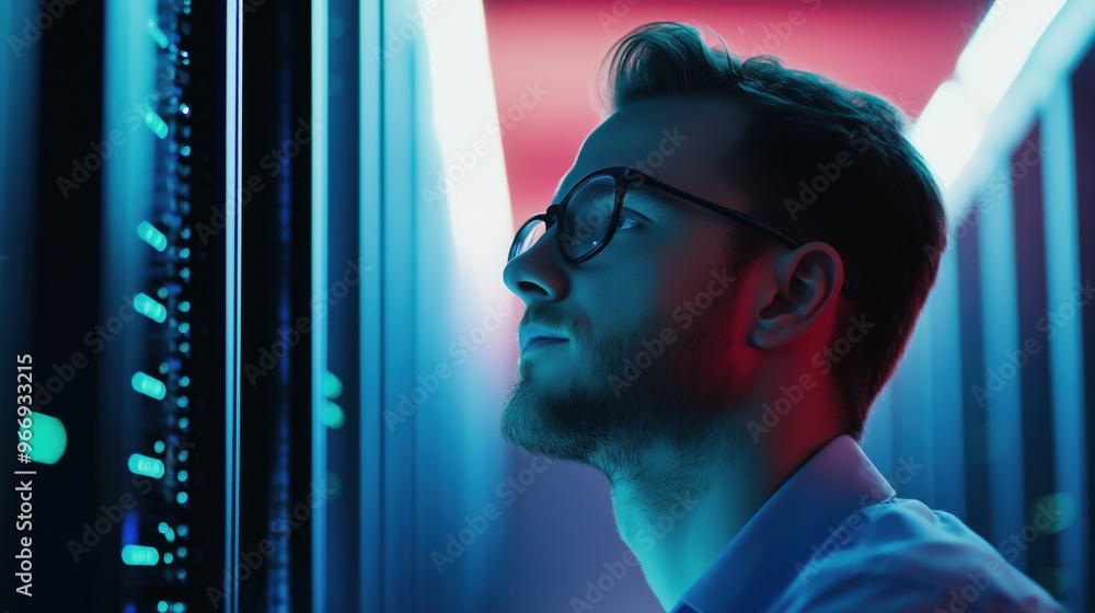 IT staff working checking at server room Caucasian male eyeglasses ...