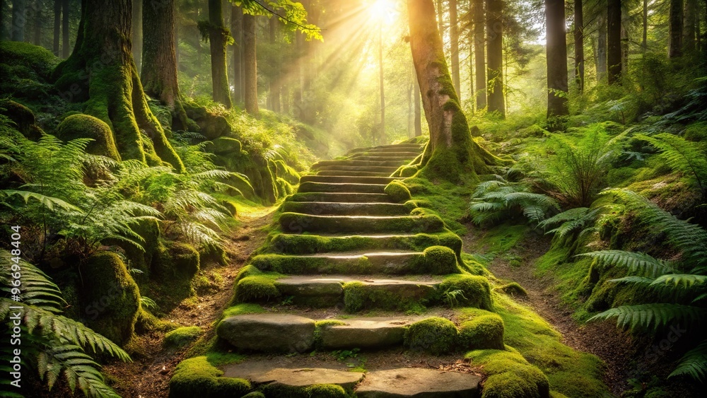 Sunlit mossy stone steps in enchanted forest with ferns and trees Stock Photo | Adobe Stock