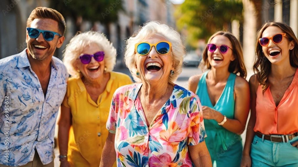 Fun middle-aged senior older women wearing sunglasses laughing with fun ...