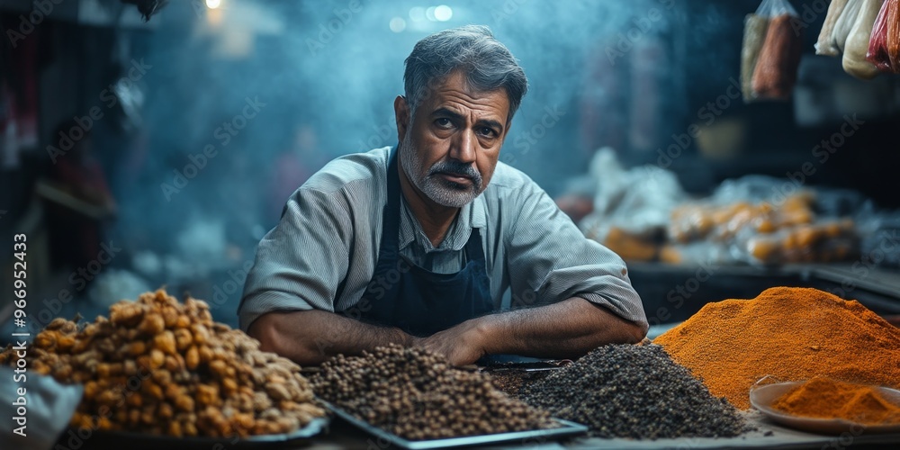 A local spice vendor showcases vibrant spices in a bustling market. The ...