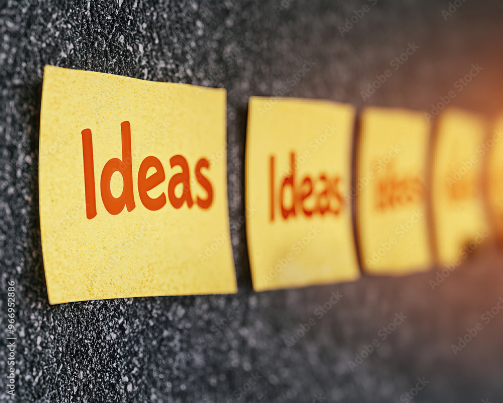 Colorful sticky notes with the word 'Ideas' on a dark surface ...