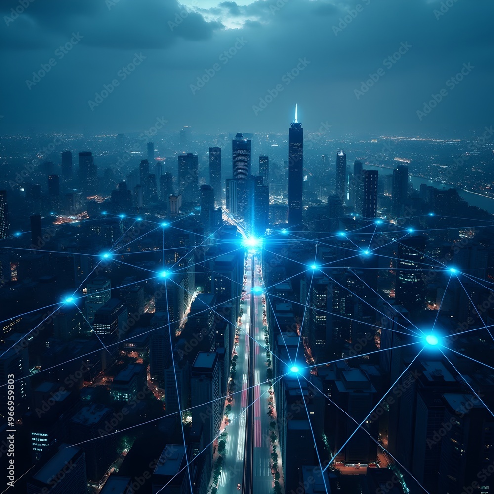Digital Network Overlay on Cityscape at Dusk with Connection Nodes ...