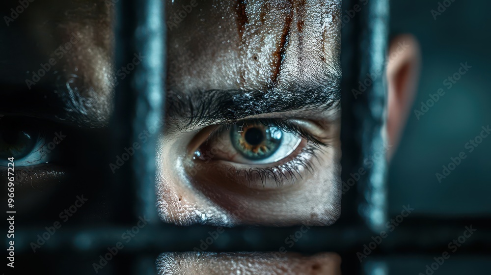 A close-up of an inmate staring through prison bars, their eyes filled ...