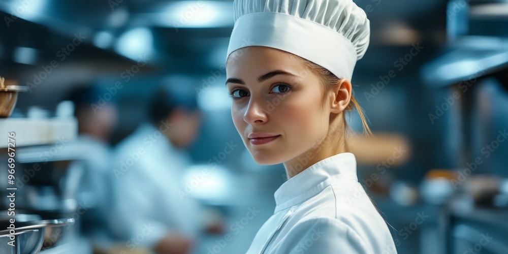 A talented chef in a bustling kitchen. She wears a traditional chef hat ...