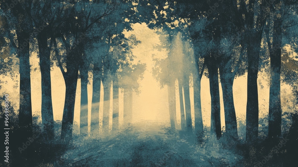 Pathway through a mystical forest with tall tree silhouettes and thick ...