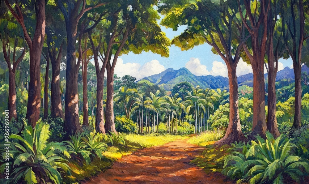 Oil painting depicting a vibrant tropical rubber plantation featuring ...