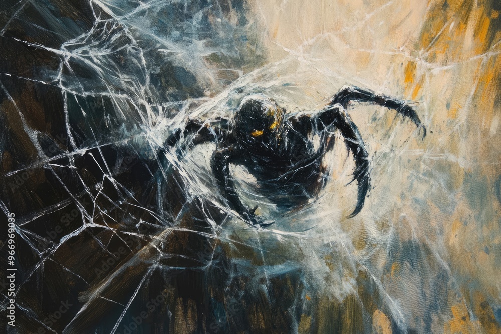 Oil painting depicting a subject ensnared in a cobweb highlighting the ...