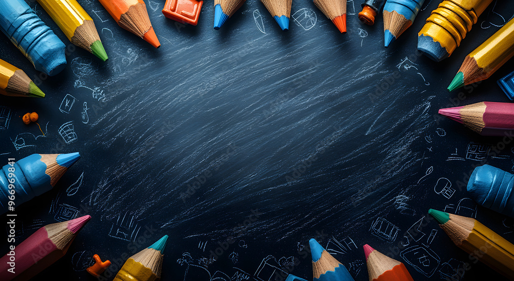 “Chalkboard Background with Doodles of Pencils, Notepads, and ...