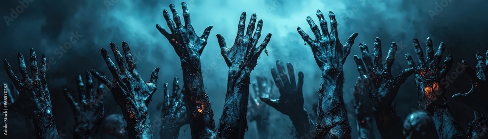 Numerous creepy zombie hands reaching up from the ground under a dark ...