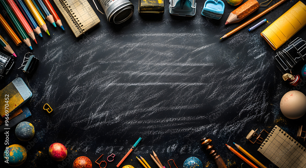“Chalkboard Background with Doodles of Pencils, Notepads, and ...