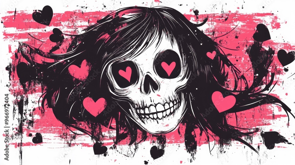 2D cartoon illustration of a scratched stamp featuring an emo skull ...