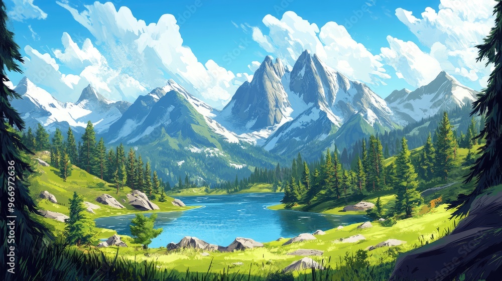 Hand drawn 2D cartoon illustration of a stunning mountain landscape ...