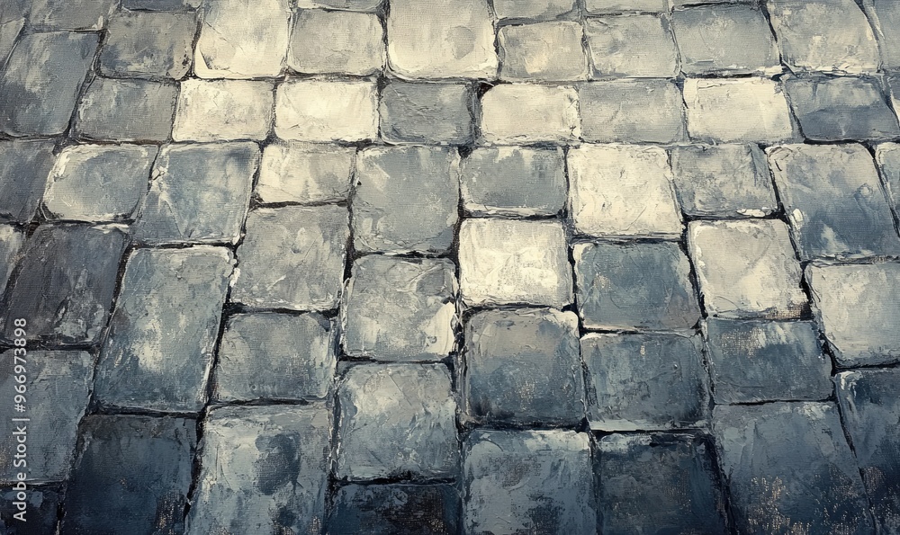 Oil painting depicting a perspective view of a monotone gray brick ...