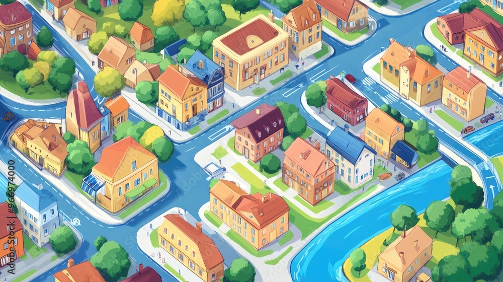 2D cartoon illustration of an urban city map depicting a vibrant city ...