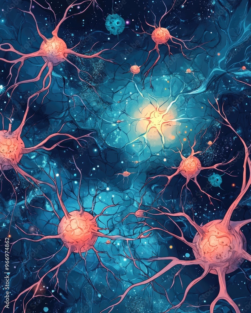 2D cartoon illustration of a neural network interconnected with stains ...