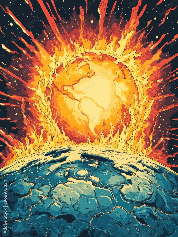 2D cartoon illustration depicting intense heat that scorches the earth ...