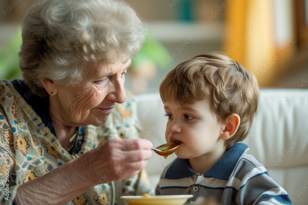 grandmother gives her grandson a teaspoon of medicine. they are in the ...