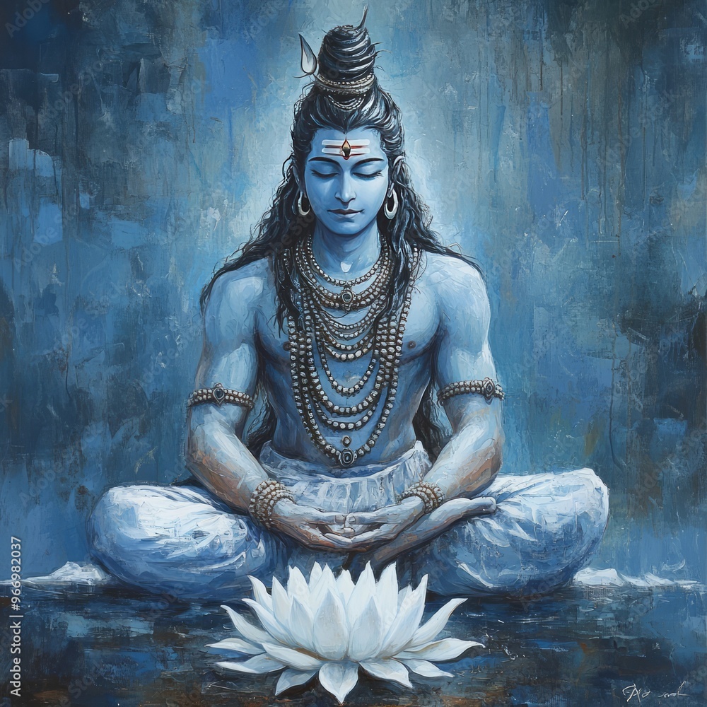 A blue-skinned Hindu god Shiva meditates in a lotus position with a ...