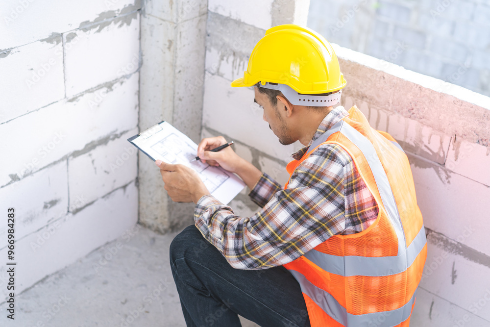 Building inspection asian contractor young man, male inspecting home ...