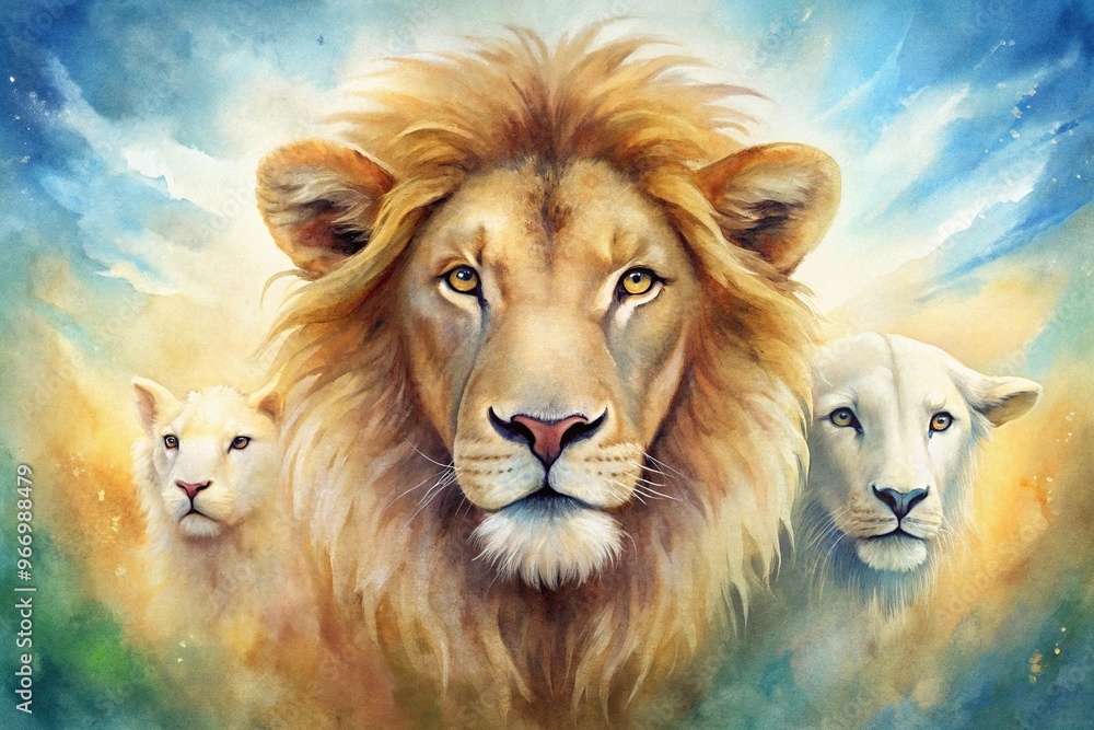 Symmetrical watercolor art depicting Lion of Judah and Lamb symbolizing ...