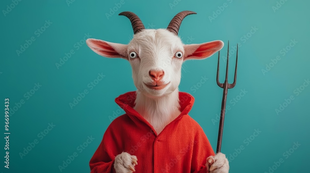 Goat in a devil costume with tiny horns and a pitchfork, devil goat ...