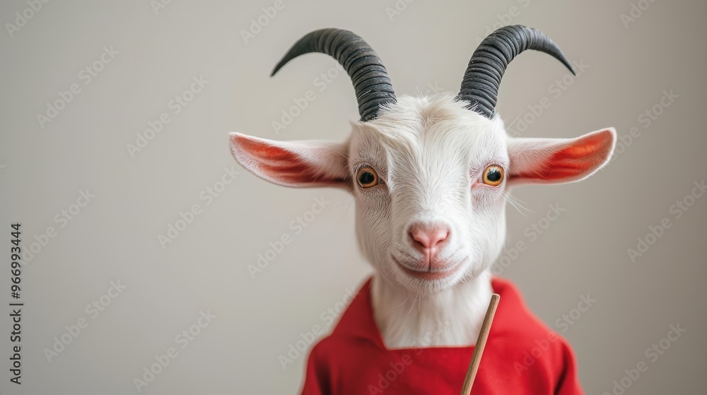 Goat in a devil costume with tiny horns and a pitchfork, devil goat ...