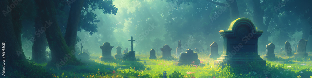 Cemetery landscape. Styled like an anime or game background. Blue sky ...